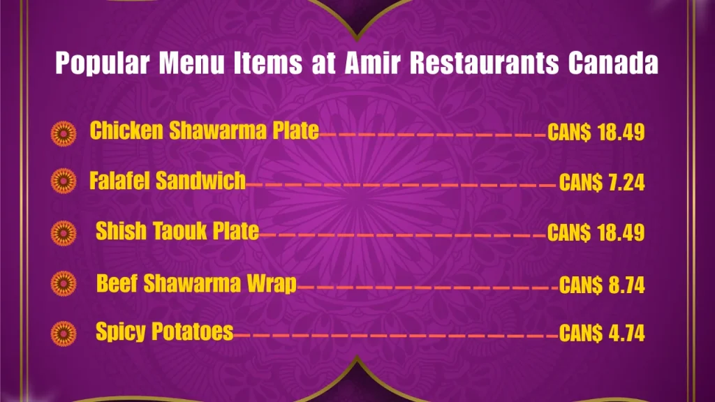 Amir Menu Prices In Canada 2025